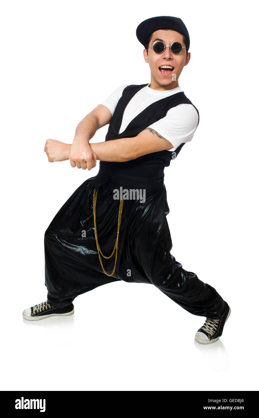 Funny young man dancing isolated on white Stock Photo - Alamy