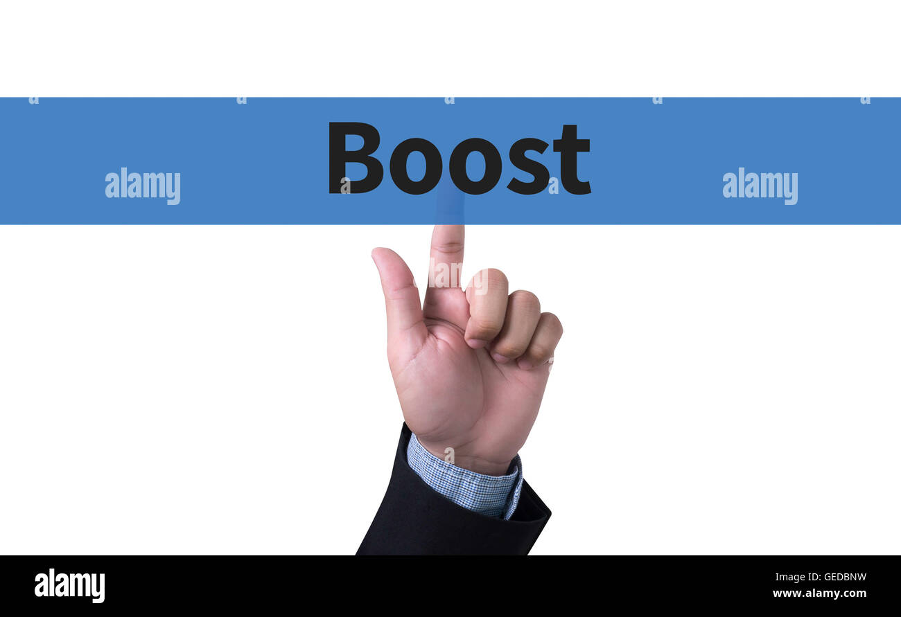 Boost man pushing (touching) virtual web browser address bar or search ...