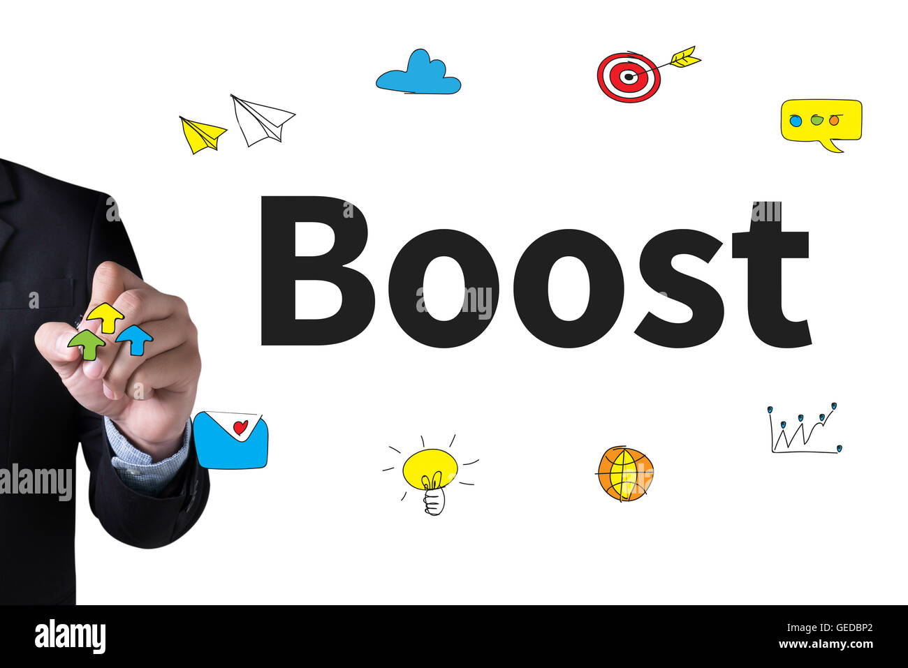 Boost and Businessman drawing Landing Page on white background Stock ...