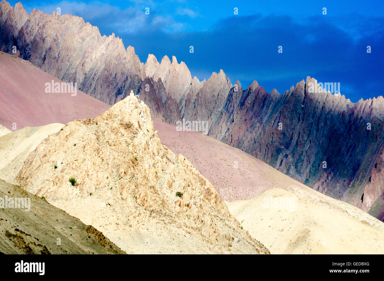 Light and shade on coloured mountain ridges, Rumback, Ladakh, Jammu and ...