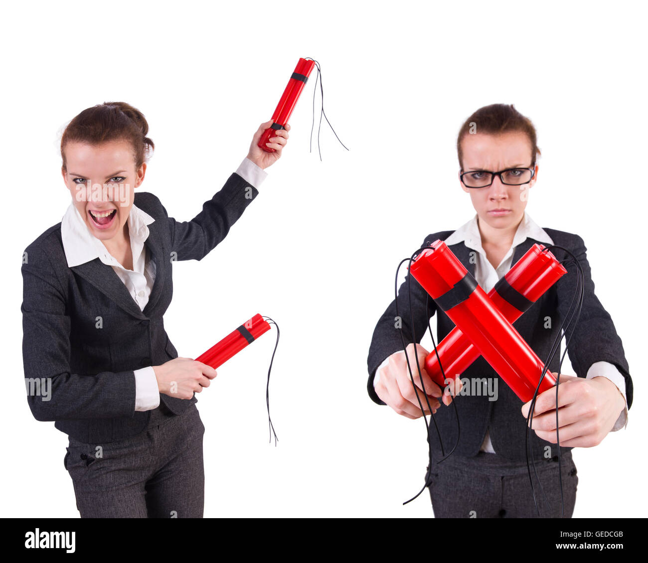 Woman businesswoman with dynamite stick isolated on white Stock Photo ...