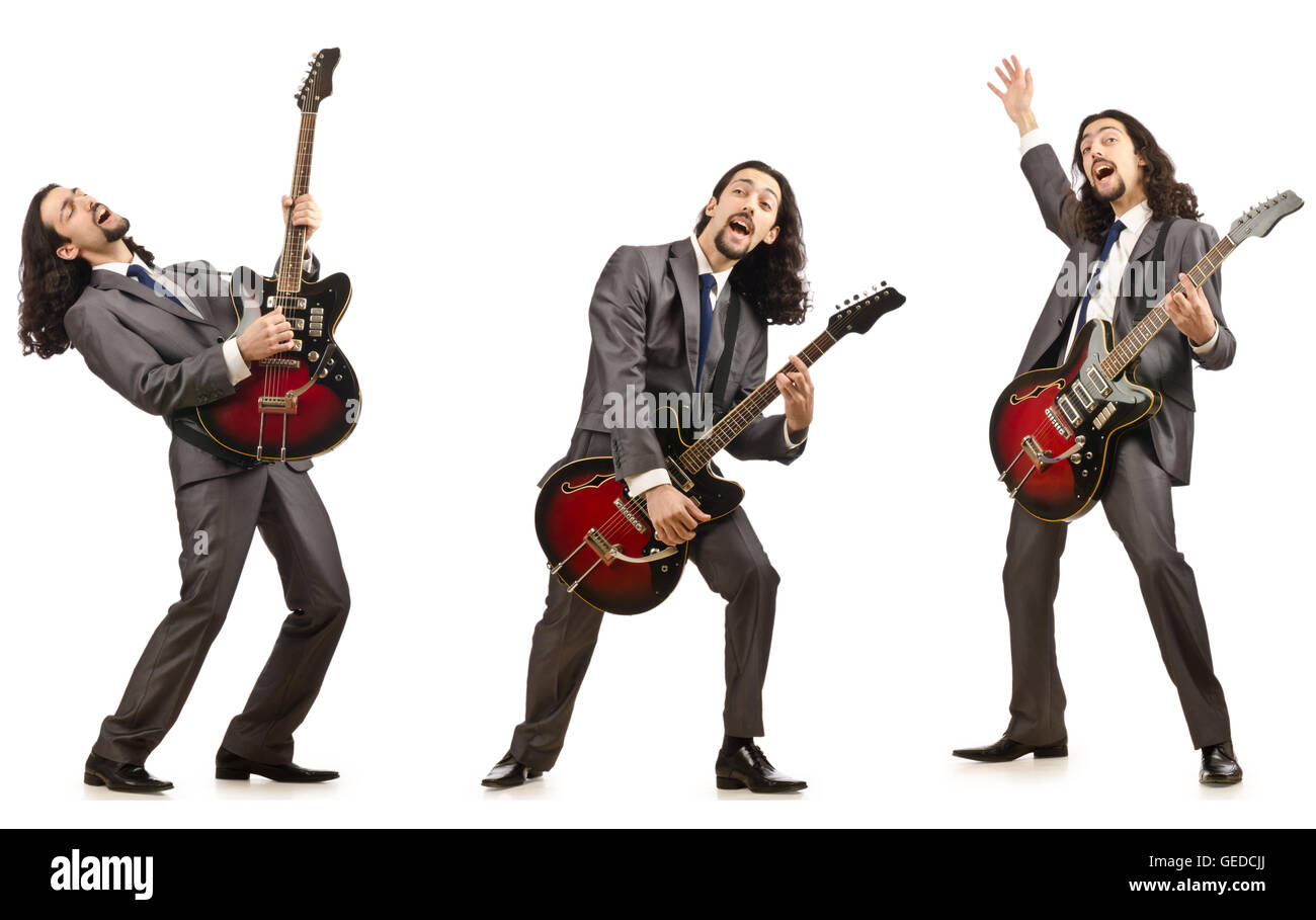 Funny guitar player isolated on white Stock Photo - Alamy