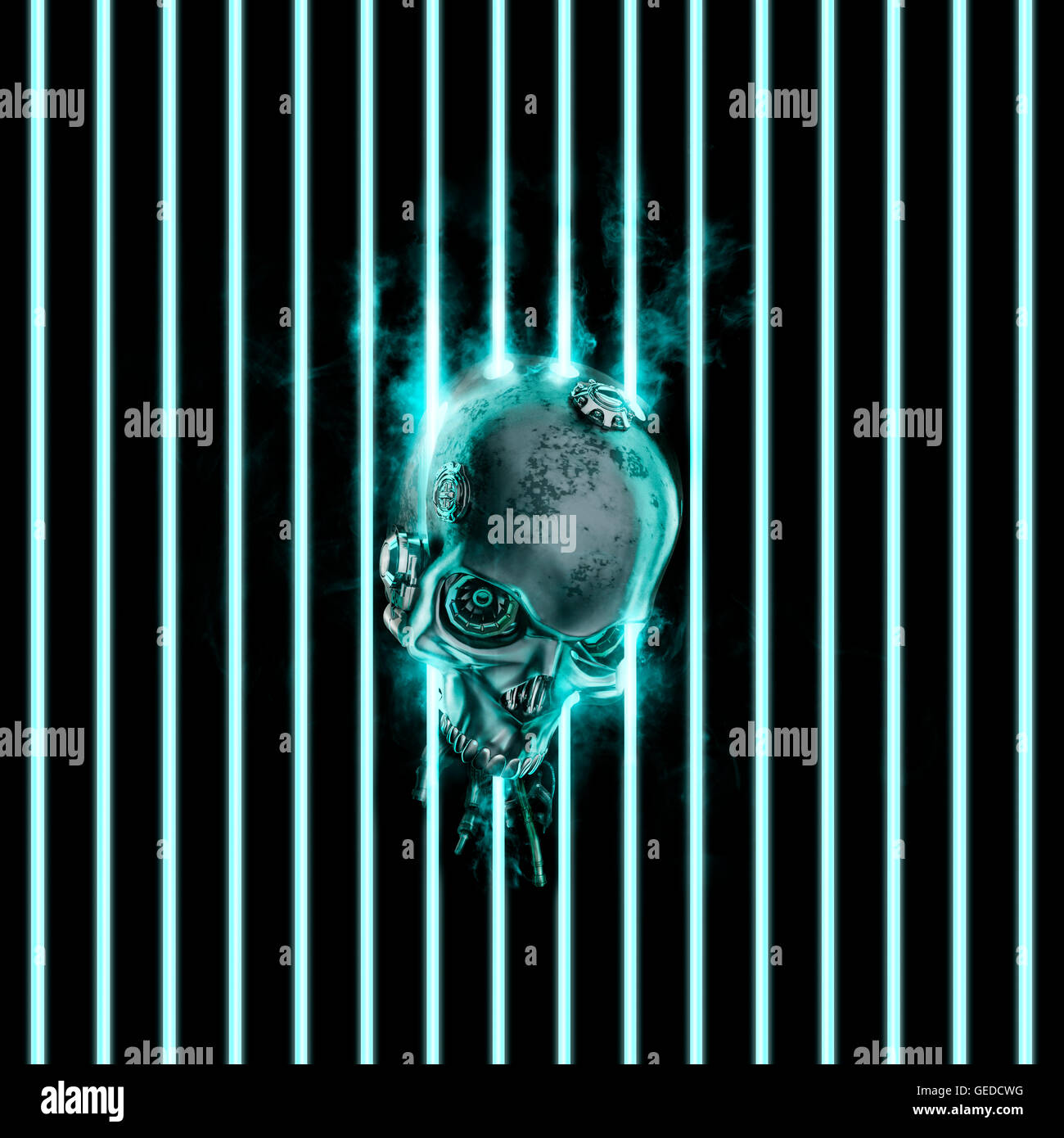 Perforated robot skull / 3D illustration of cyborg skull impaled on ...