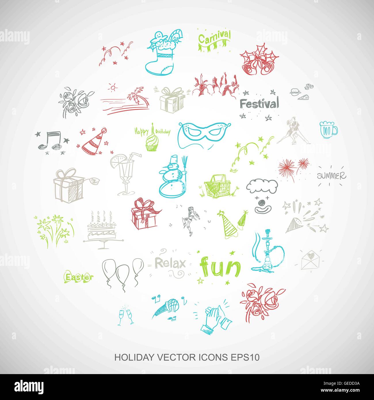 Multicolor doodles Hand Drawn Holiday Icons set on White. EPS10 vector ...