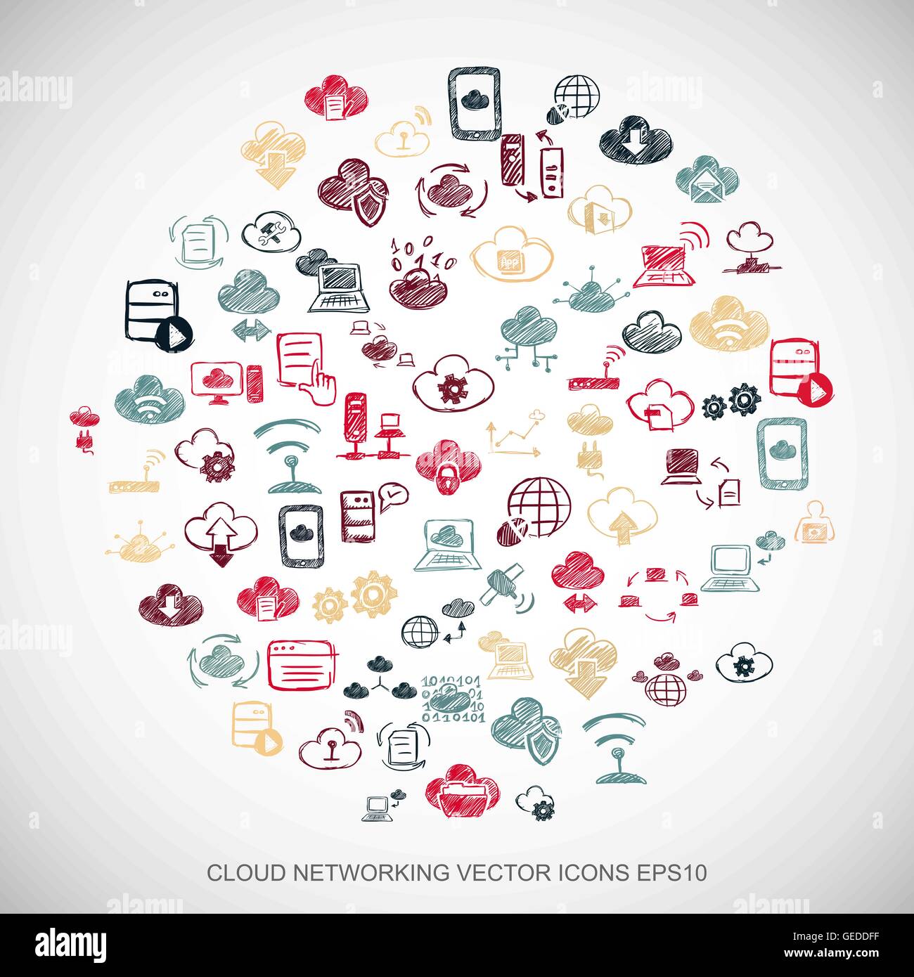 Multicolor doodles Hand Drawn Cloud Technology Icons set on White ...