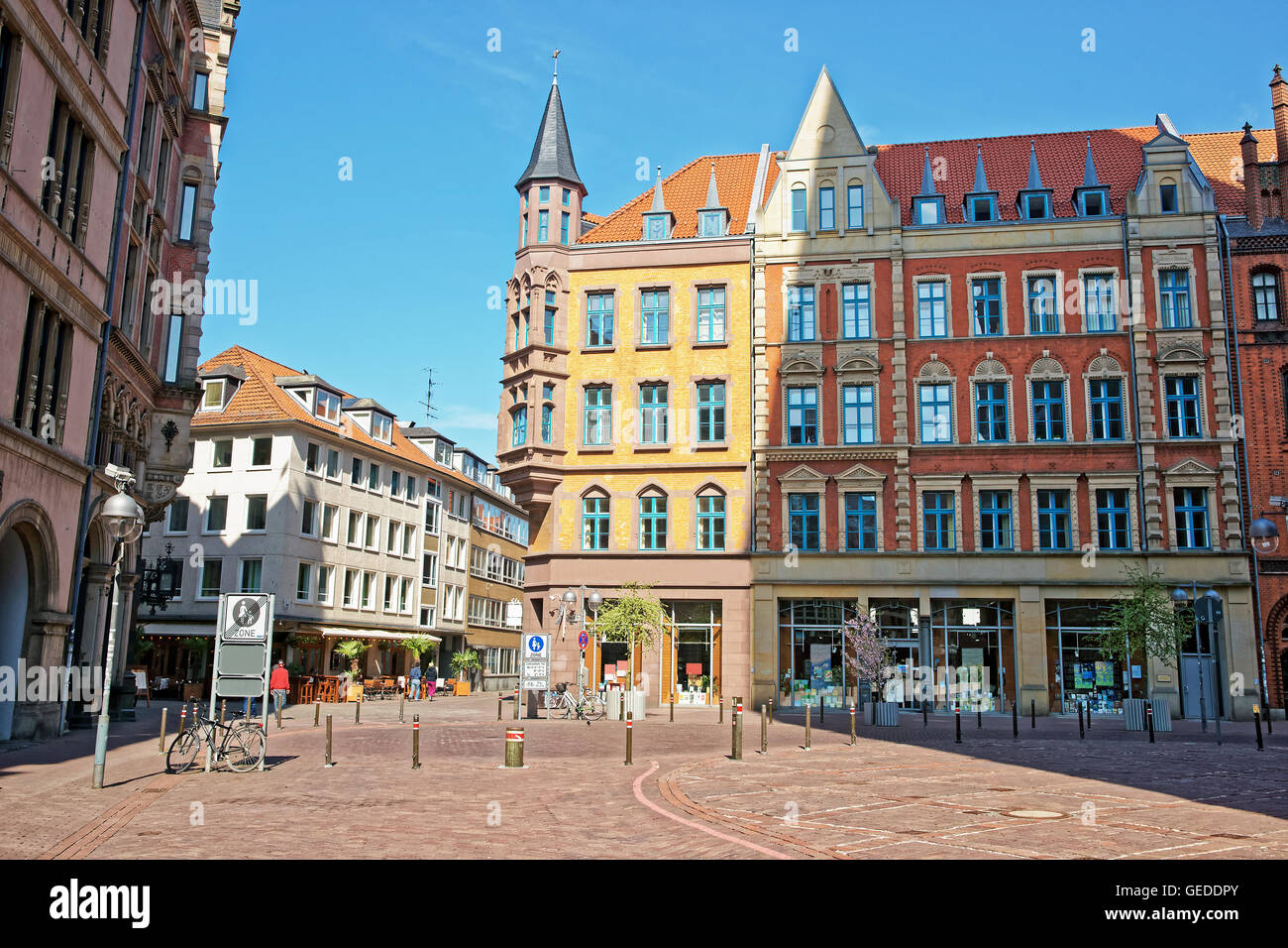 Book shop on the Market Square in Hanover in Germany. Red thread guide ...