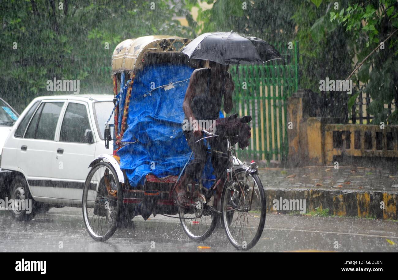 Allahabad, India. 25th July, 2016. A rickshaw puller paddle his ...