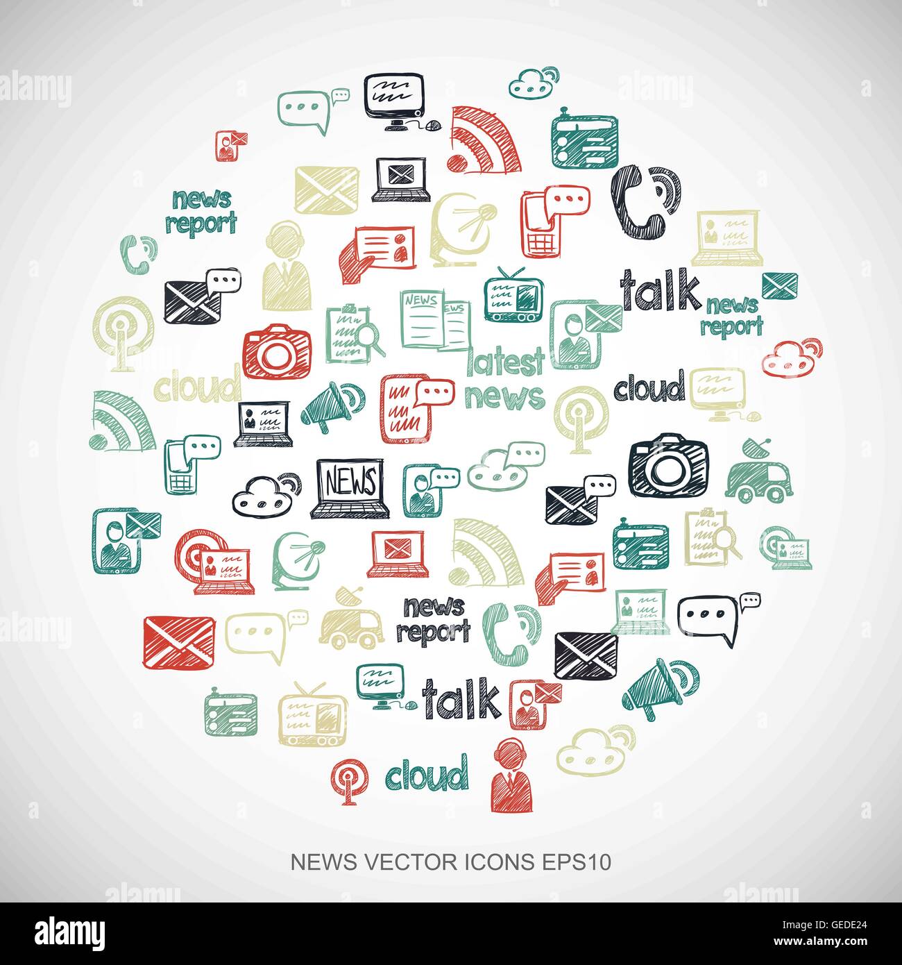 Multicolor doodles Hand Drawn News Icons set on White. EPS10 vector ...