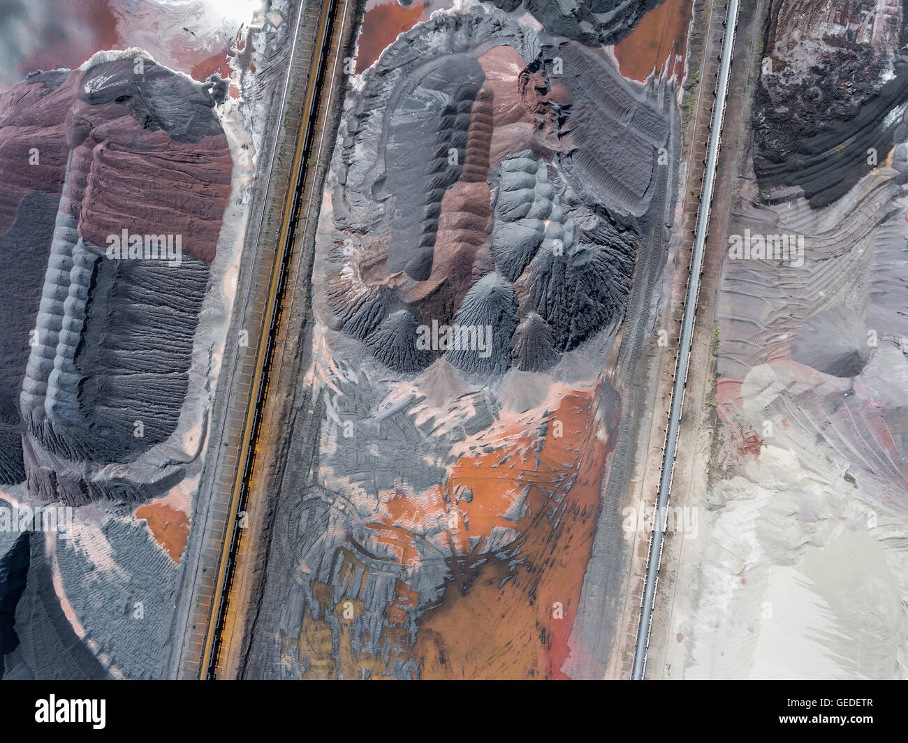 Mining excavator on the bottom surface mine. Brown coal deposits. View ...