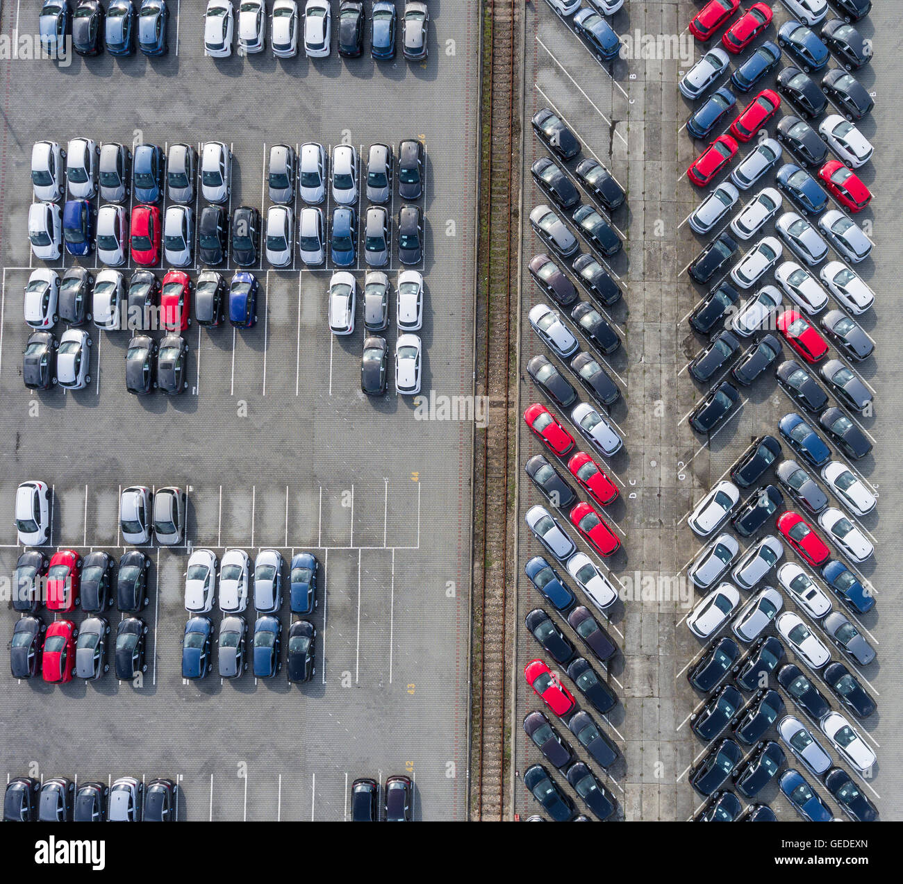 Aerial view lot of vehicles on parking for new car Stock Photo - Alamy