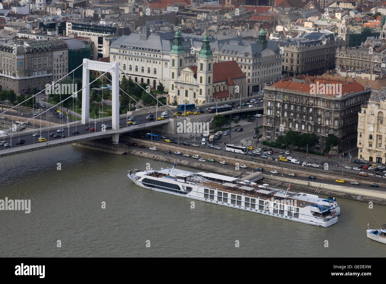 East end of Elizabeth bridge with Swiss cruise boat seen from Gellert ...