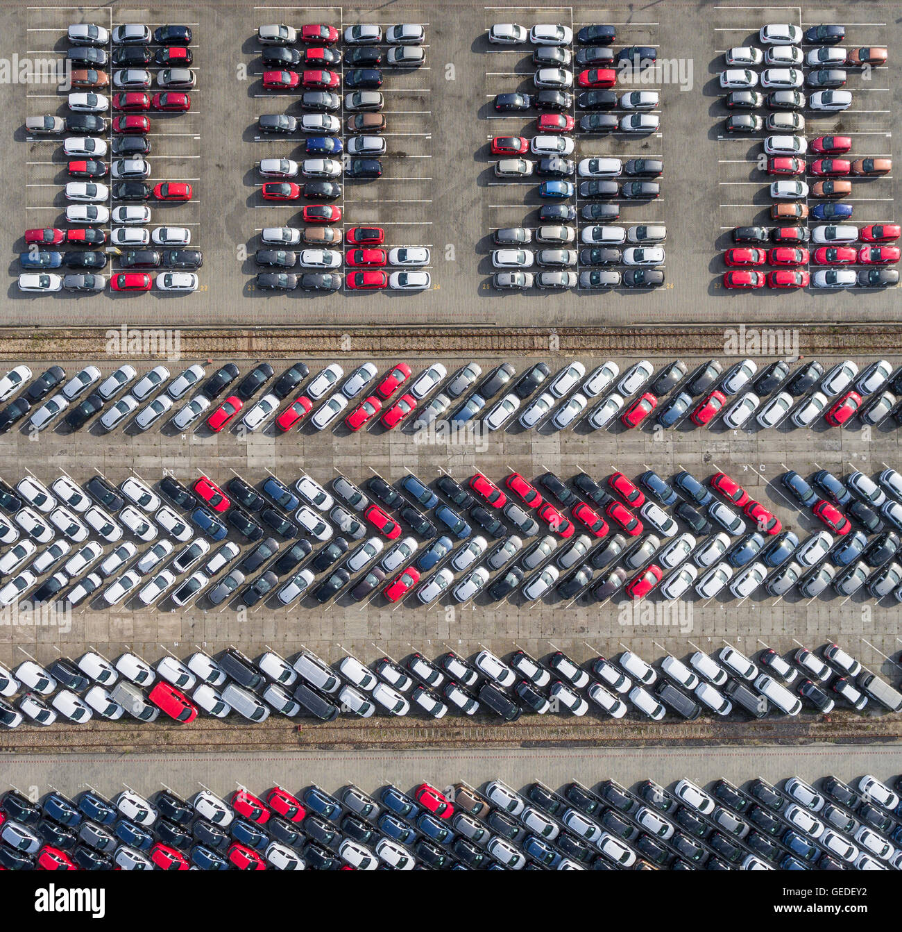 Aerial view lot of vehicles on parking for new car Stock Photo - Alamy