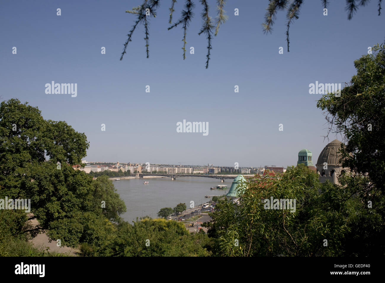 Petofi bridge over River Danube seen from parkland on Gellert hill ...