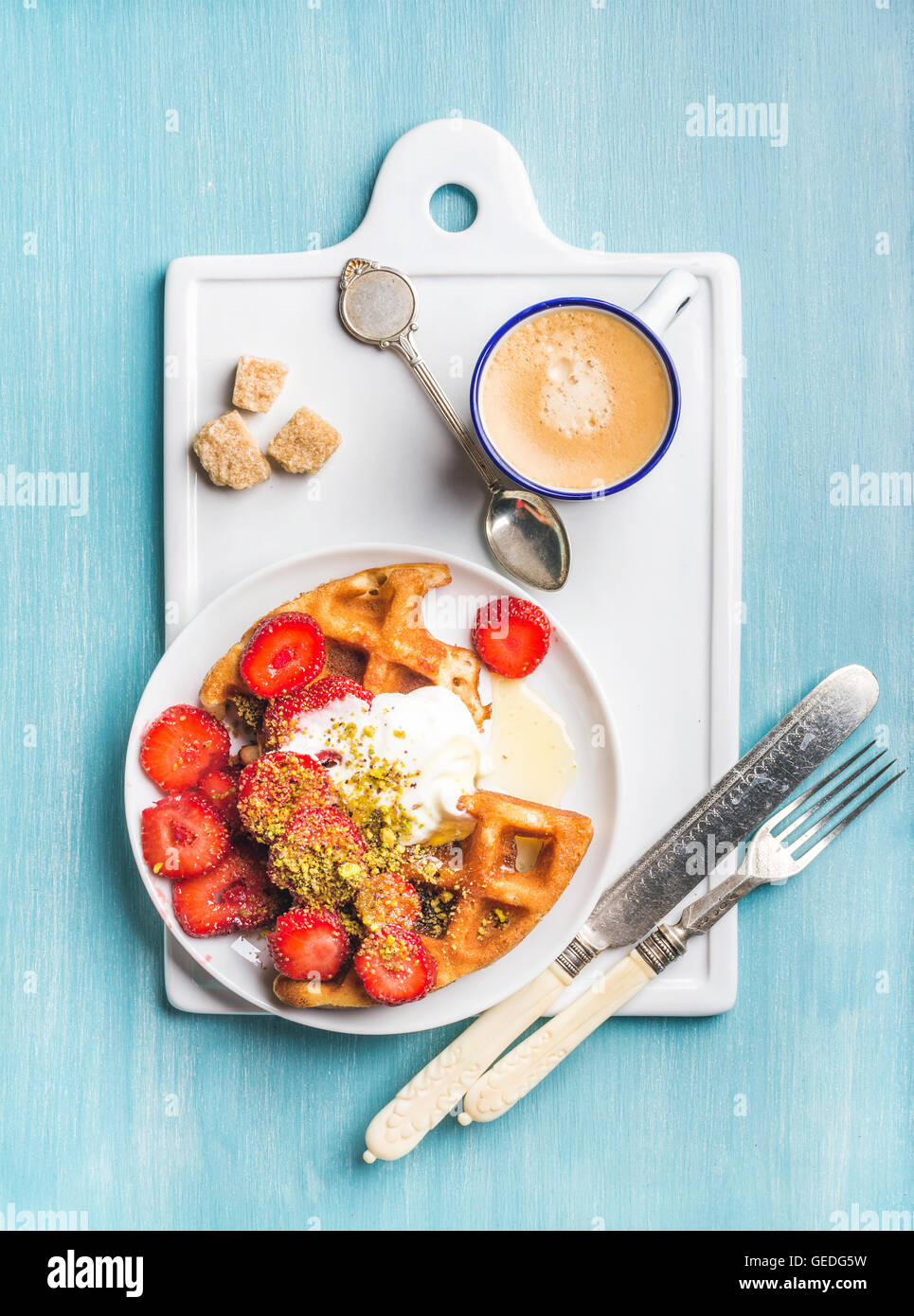 Breakfast set. Warm homemade belgium waffles with whipped cream ...
