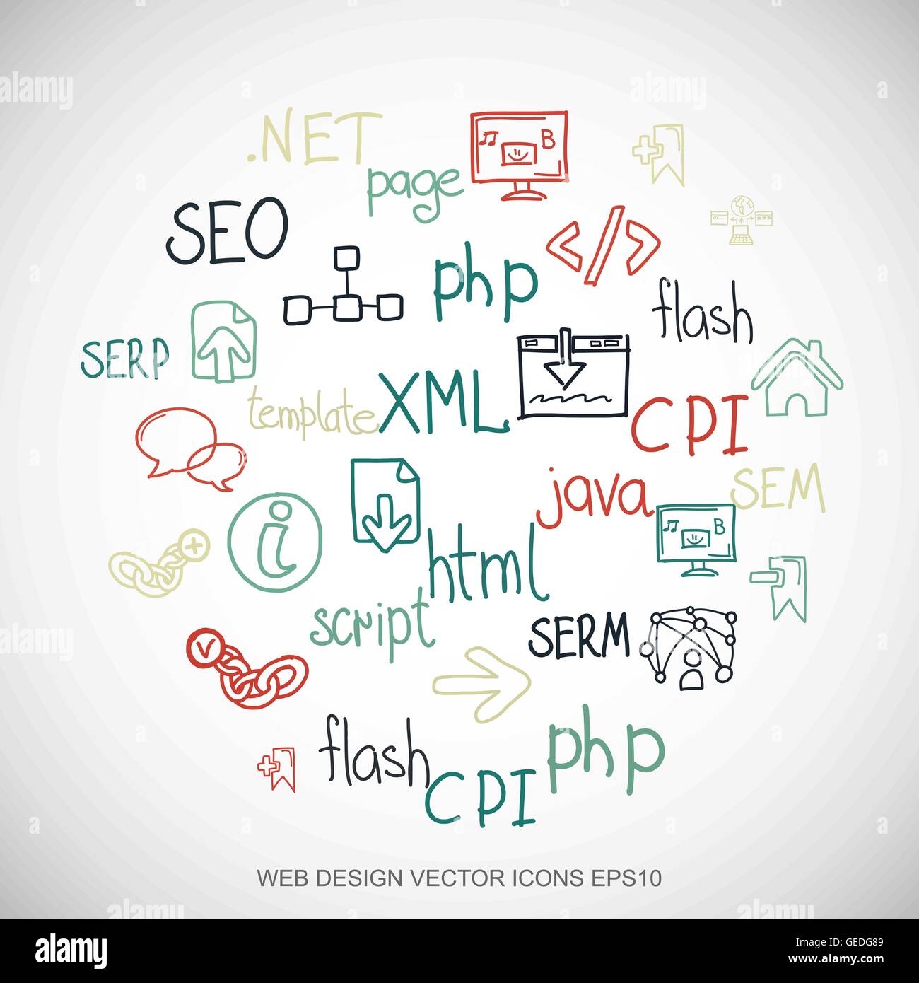 Multicolor doodles Hand Drawn Site Development Icons set on White ...