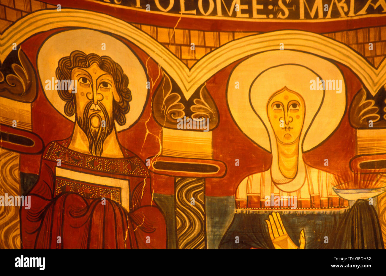 Detail of paintings in central apsis.Apostle and virgin with Grail ...
