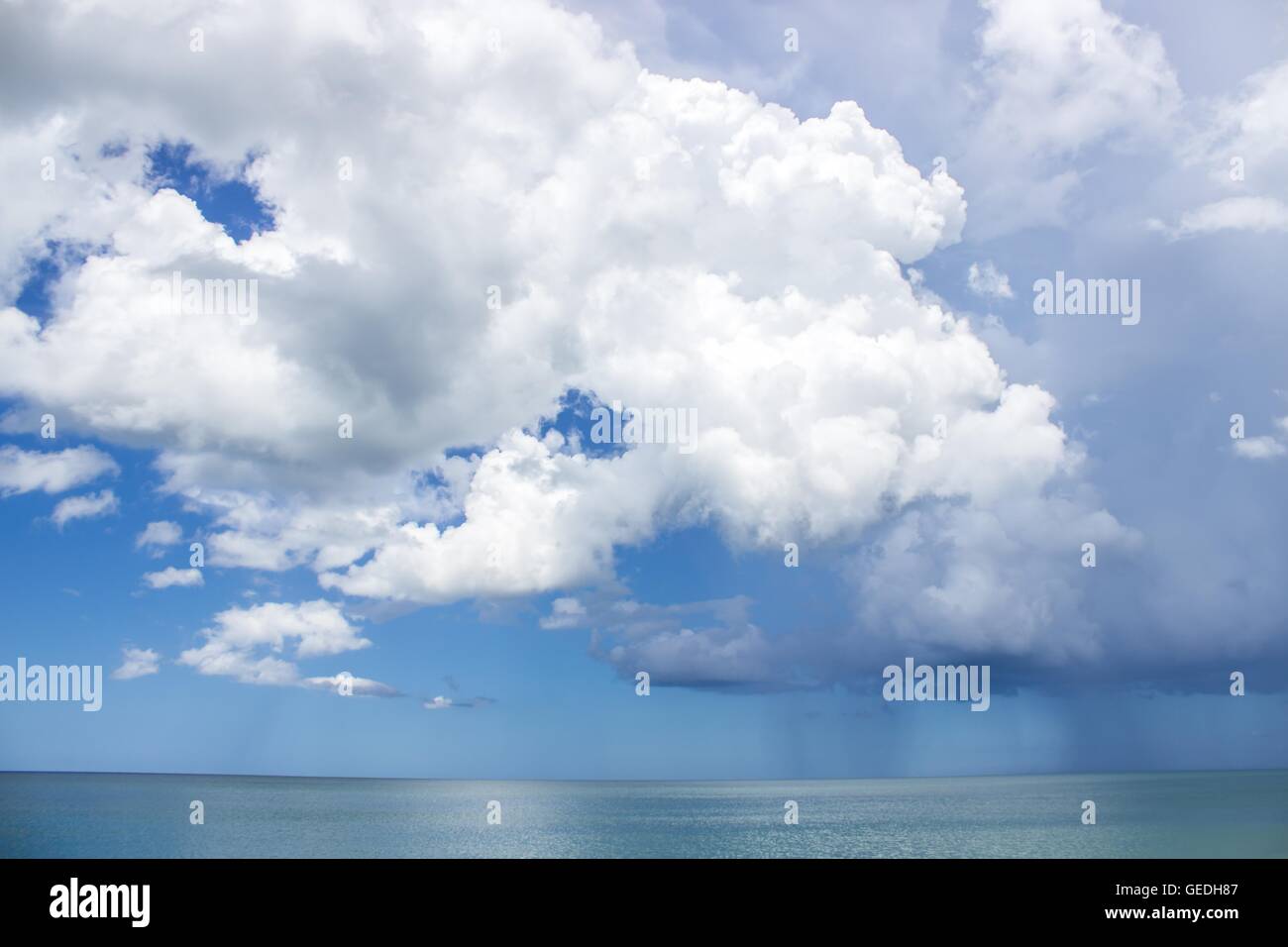 large cumulus clouds over the ocean, some light and some dark and ...