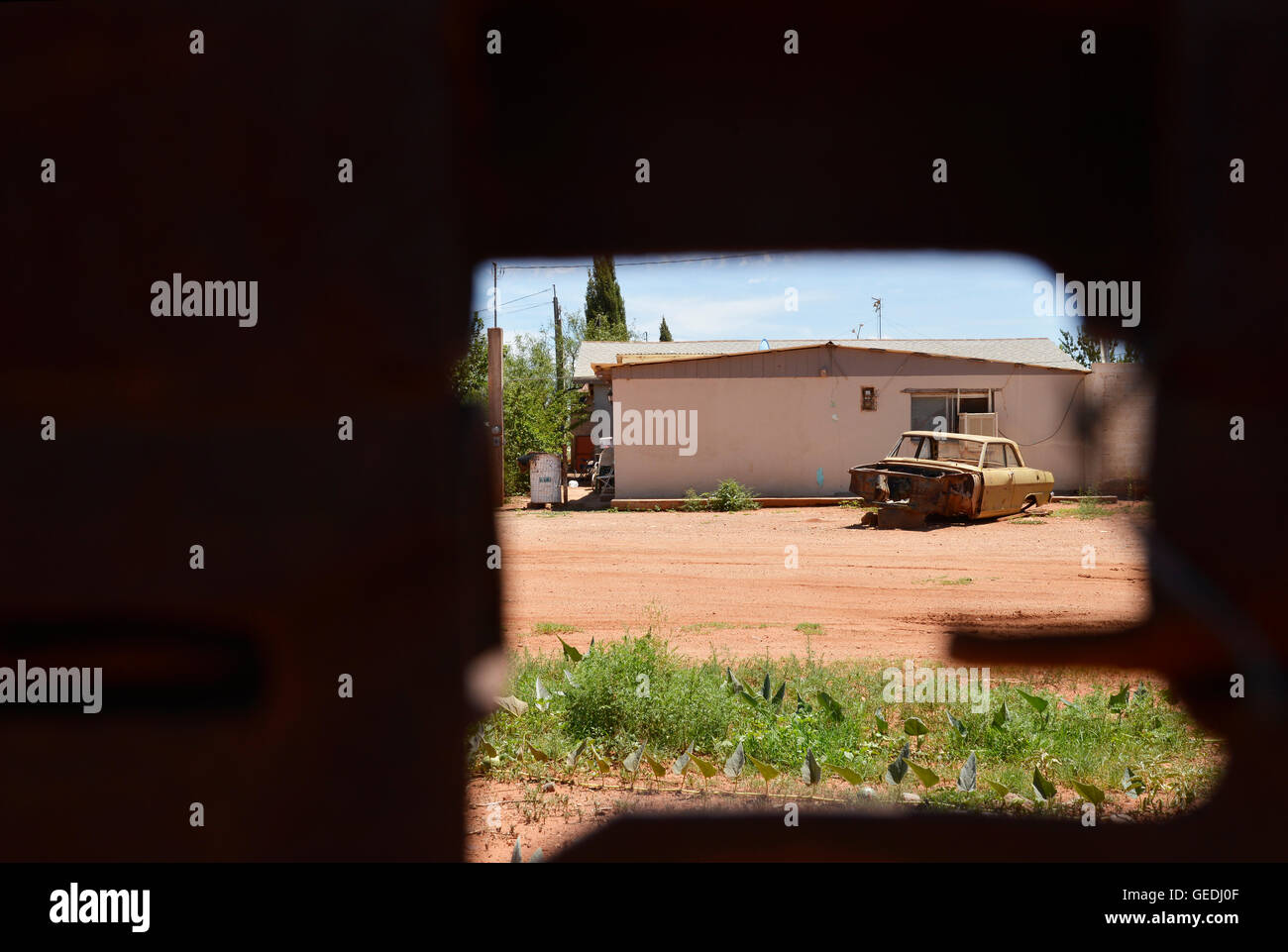 A hole in the international border wall between Naco, Arizona, USA and ...