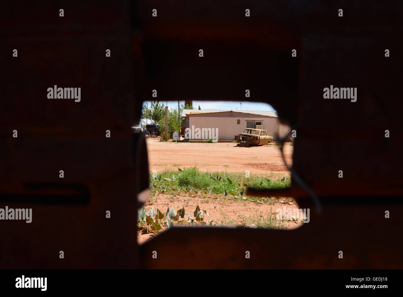 A hole in the international border wall between Naco, Arizona, USA and ...