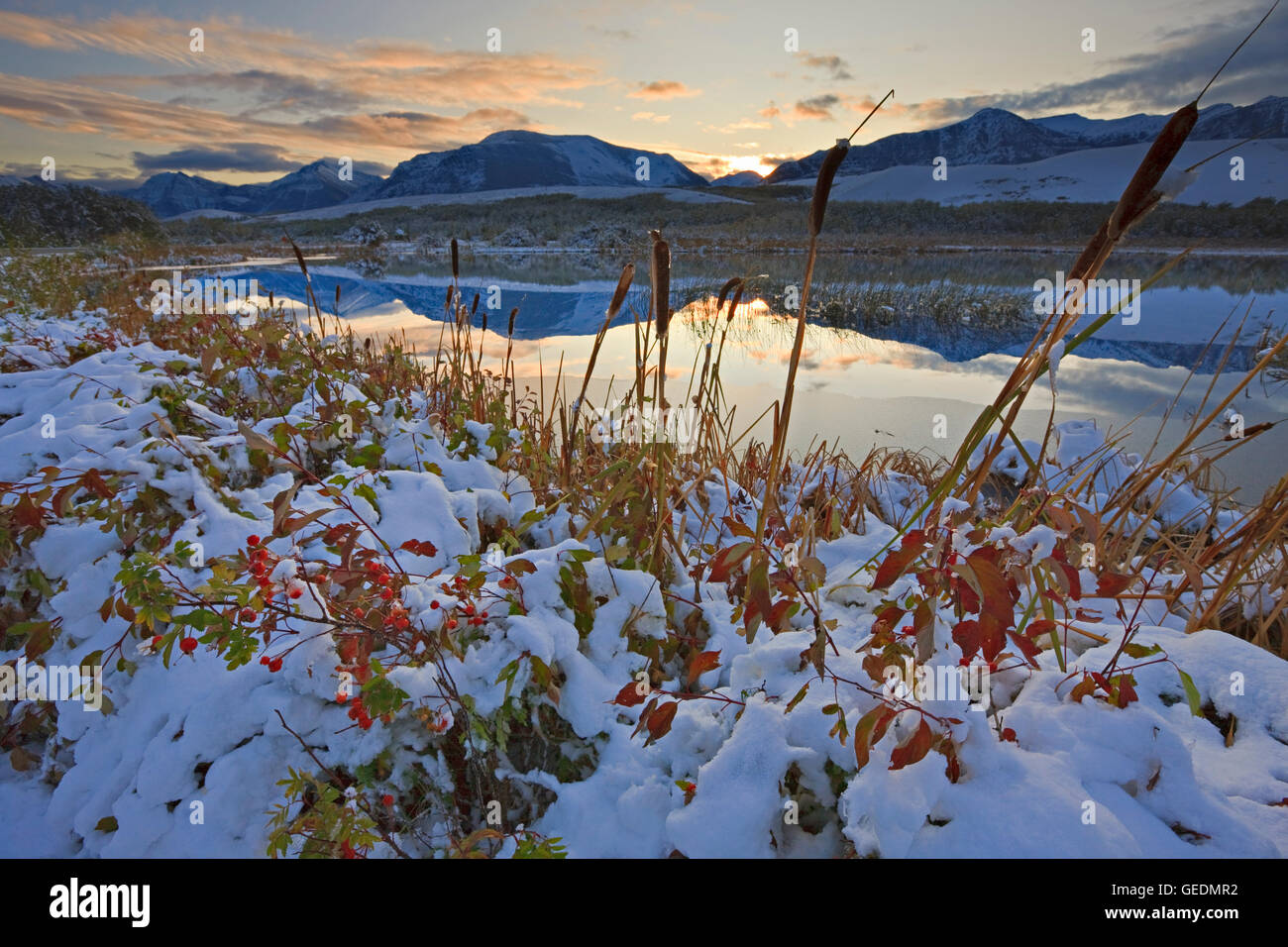 geography / travel, Canada, Alberta, Waterton, Sunset over a small pond ...