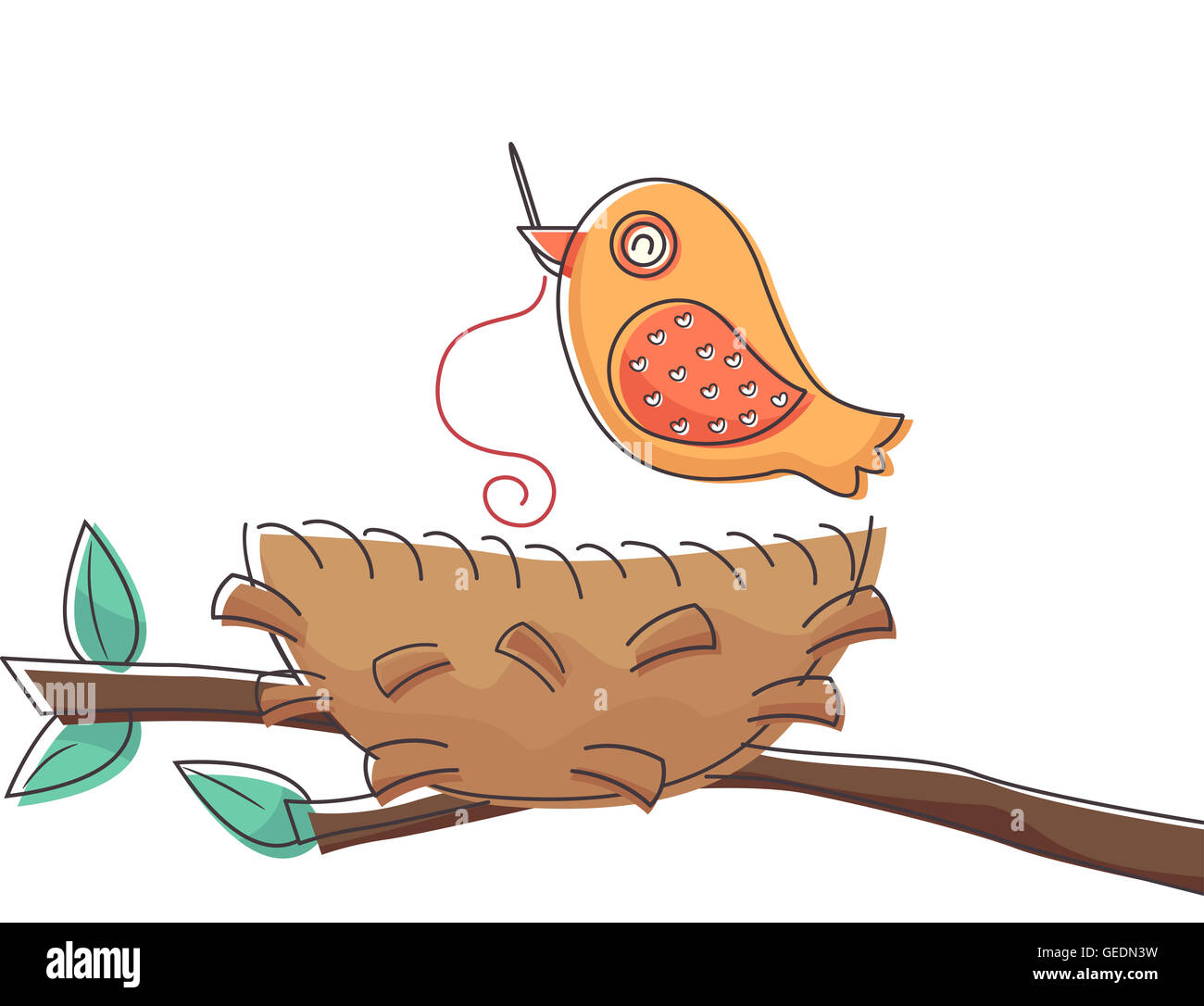 Illustration of a Bird Using a Needle to Put His Nest Together Stock ...