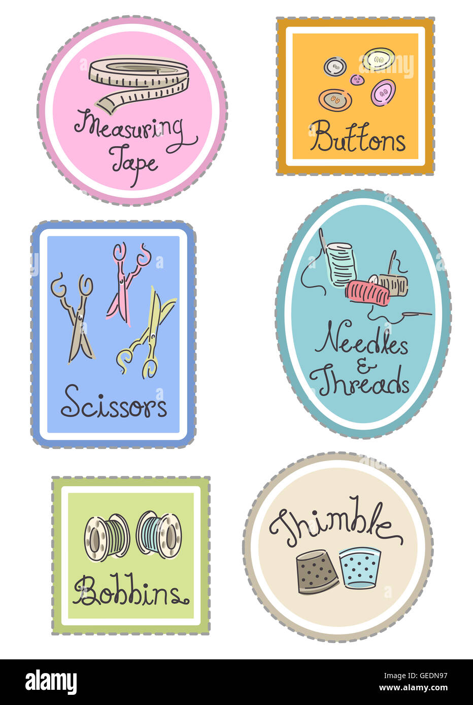 Group Illustration of Labels Featuring Different Sewing Materials Stock ... Group Illustration of Labels Featuring Different Sewing Materials Stock ...