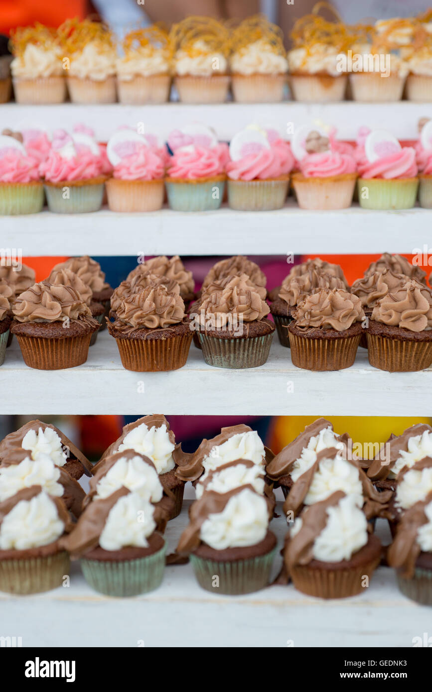 Rows of brightly coloured cupcakes including chocolate, raspberry, mint ...