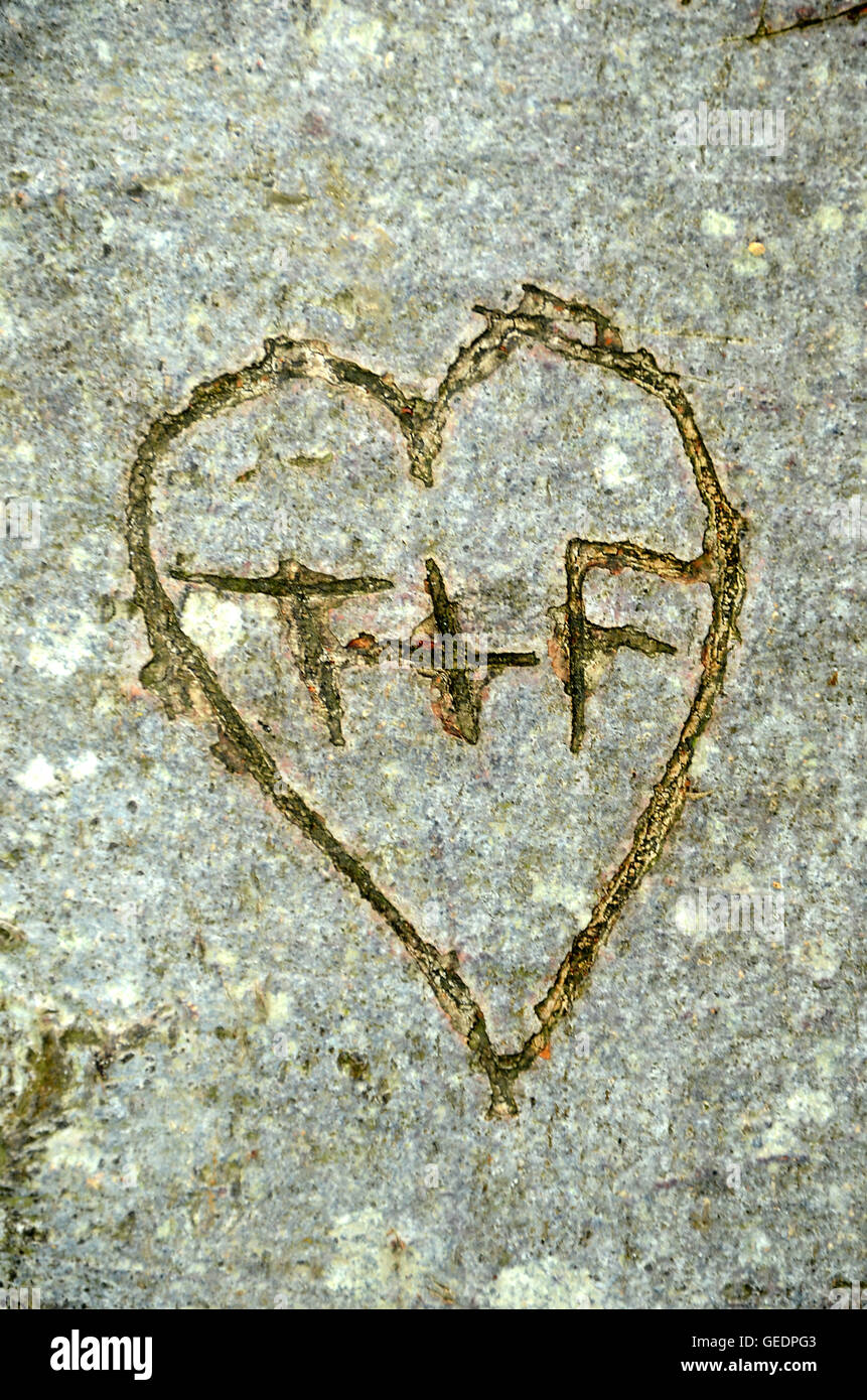 Love signs in the forest, heart with first letters of humans in love ...