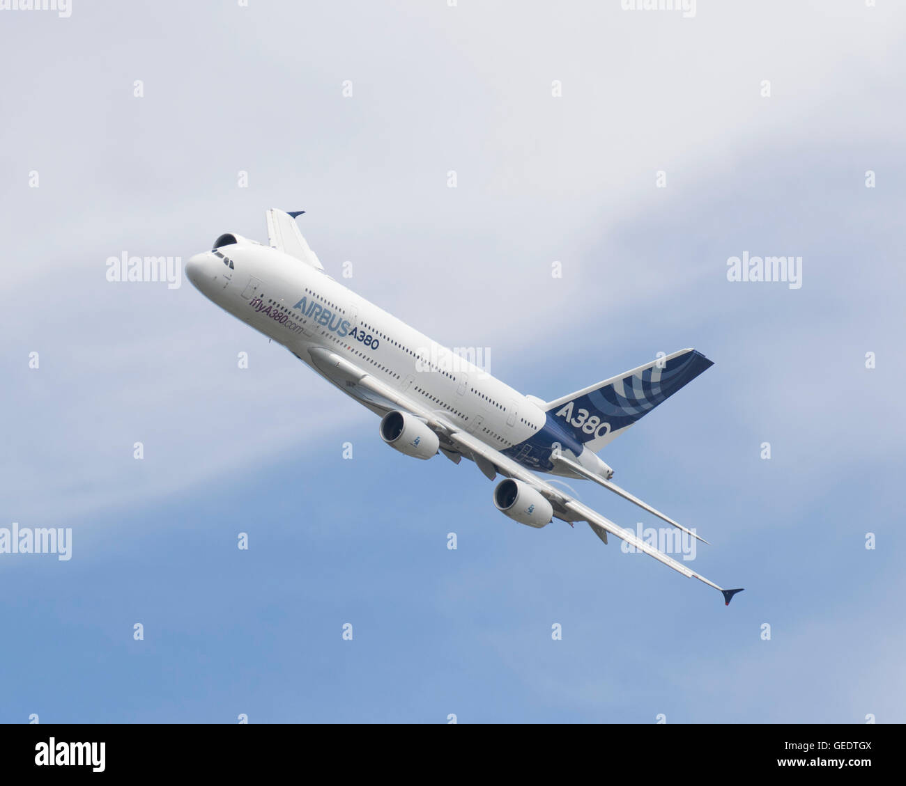 Airbus A380 jet airliner aircraft flying at the 2016 Farnborough ...