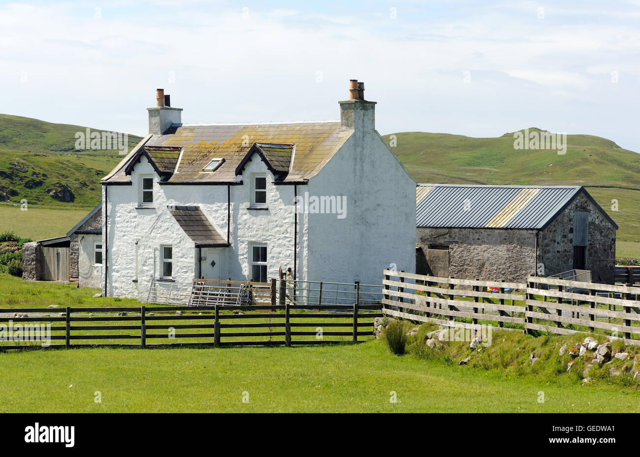 A white painted farmhouse, Islay, Inner Hebrides, Argyll, Scotland, UK ...