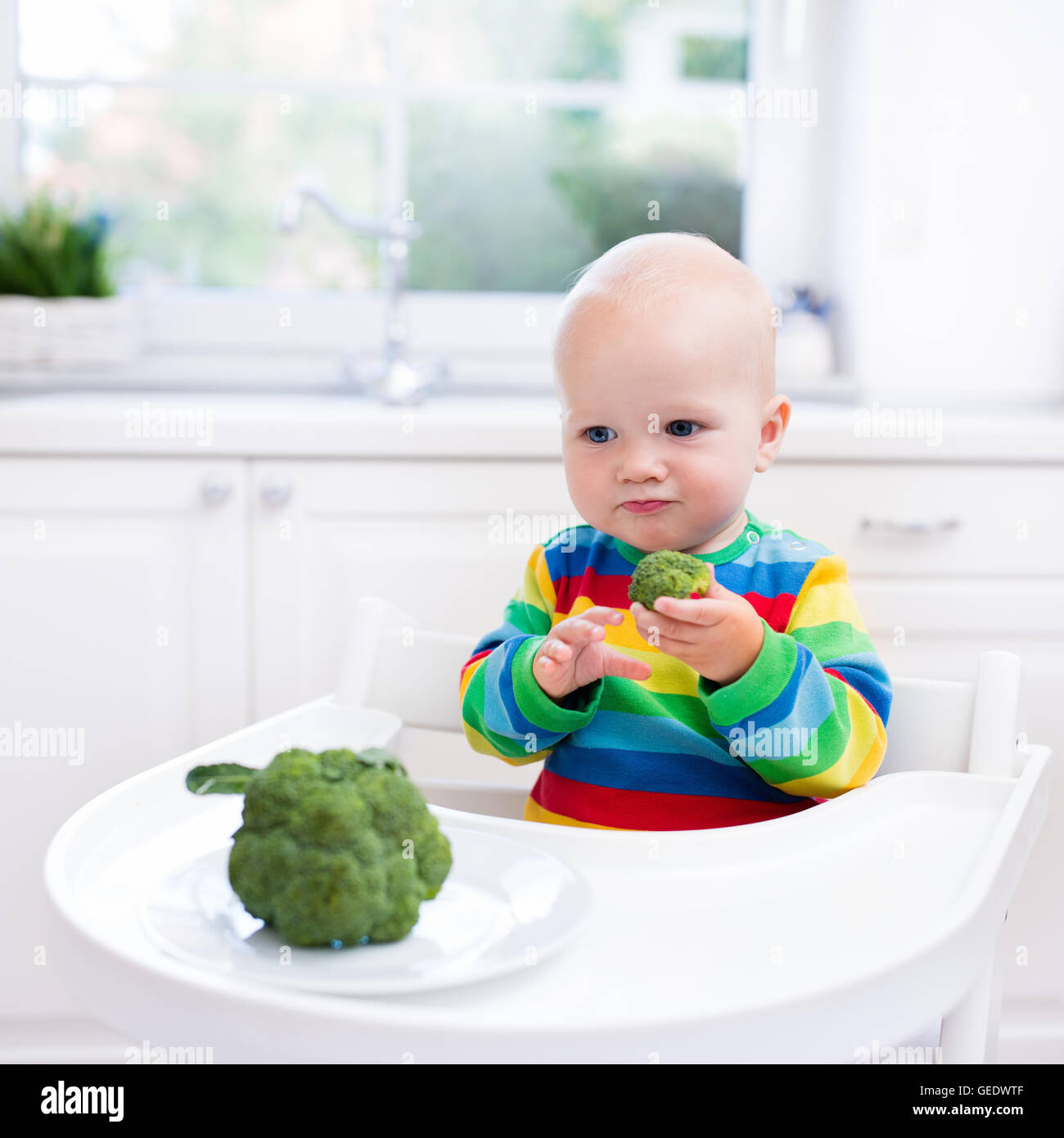 Happy baby sitting in high chair eating broccoli in a white kitchen ...