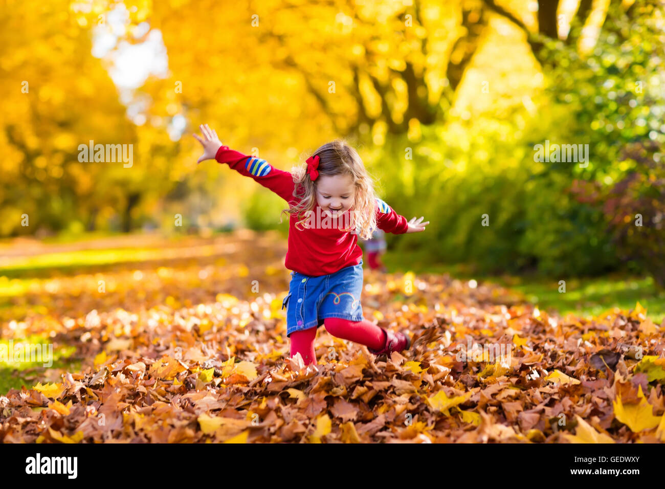 Happy children playing in beautiful autumn park on warm sunny fall day ...