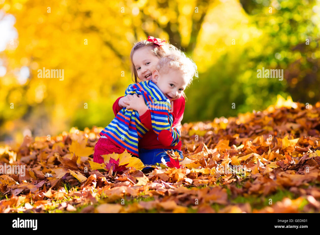 Happy children playing in beautiful autumn park on warm sunny fall day ...