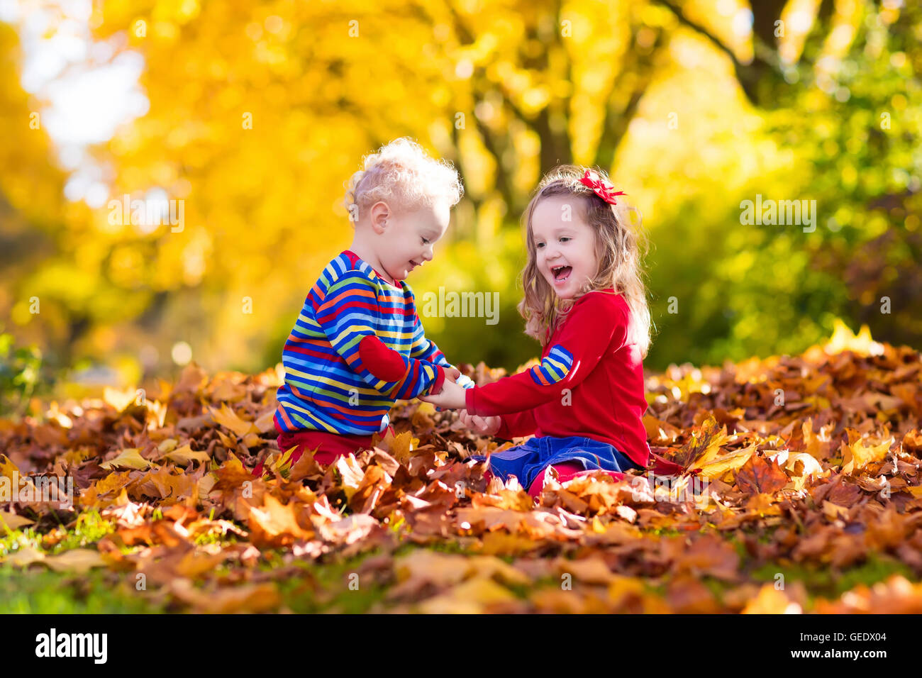 Happy children playing in beautiful autumn park on warm sunny fall day ...