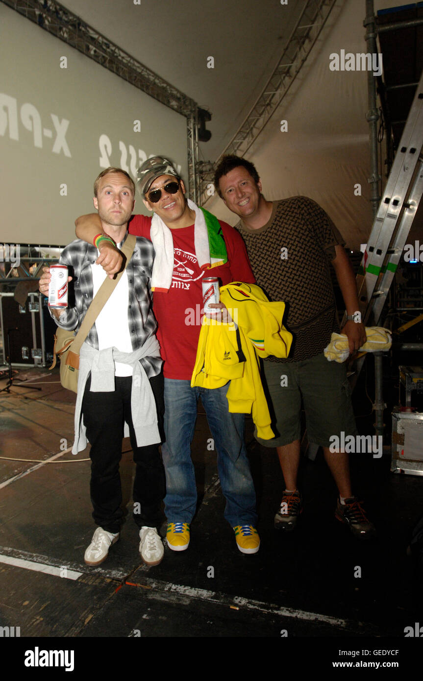 Rocky, Ashley Beadle [centre] and Diesel of X-press 2 on the Open Air ...