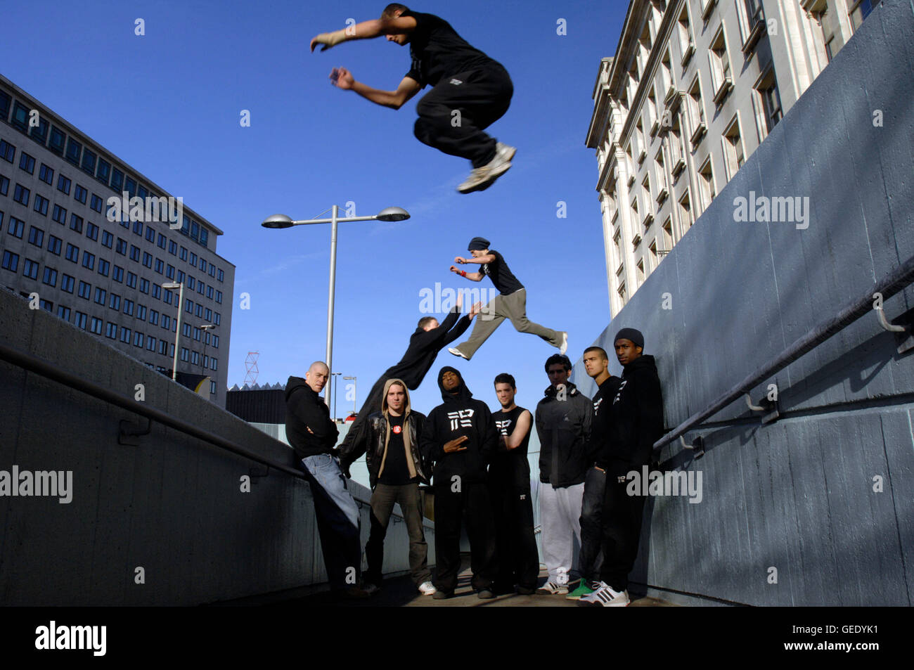 Urban freeflow demonstrate parkour moves at waterloo roundabout hi-res ...