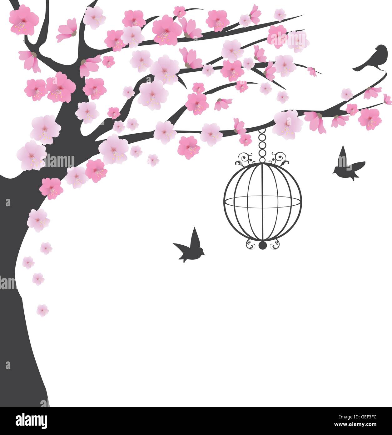 vector illustration of vintage bird cage and cherry tree Stock Vector ...