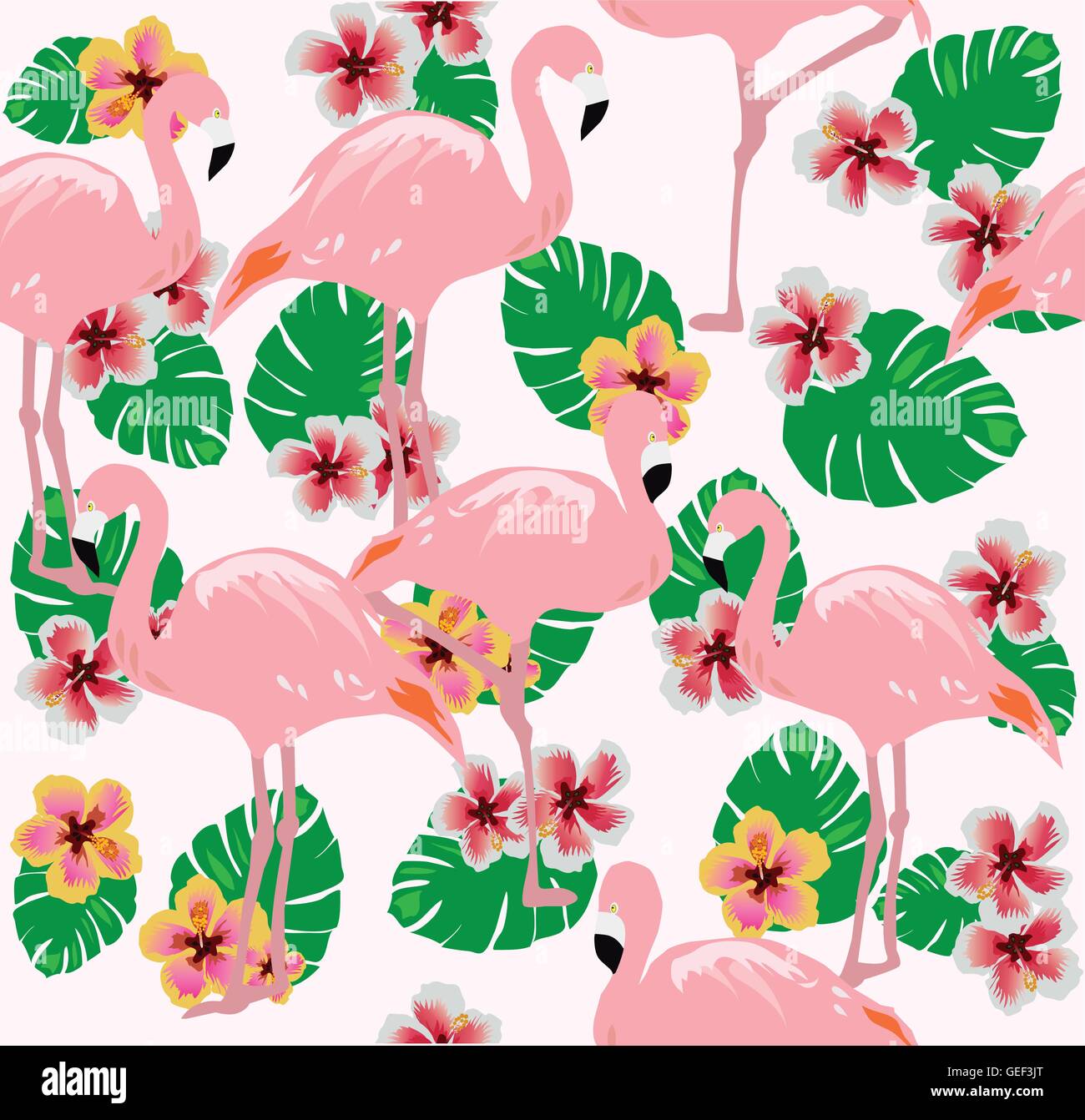 vector illustration of flamingos seamless background with palm leaves ...