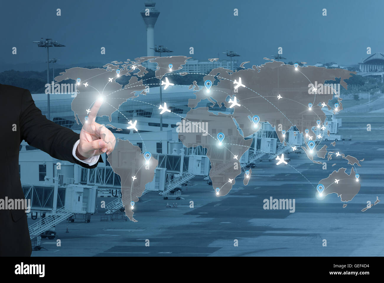 Businessman working with virtual interface connection map of flight ...