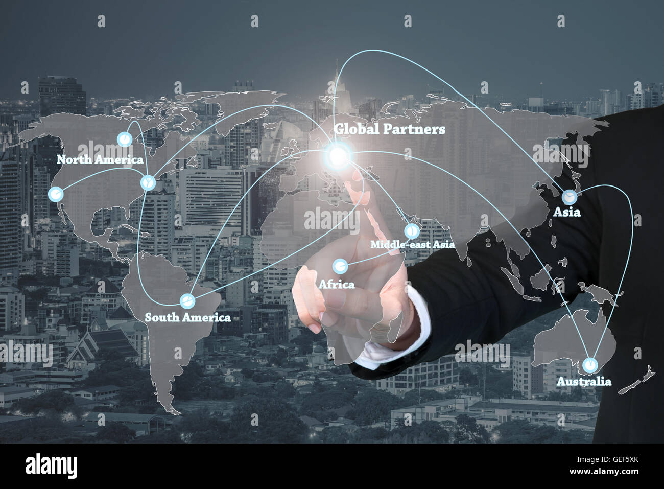 Businessman working with virtual interface global partners graphic use ...