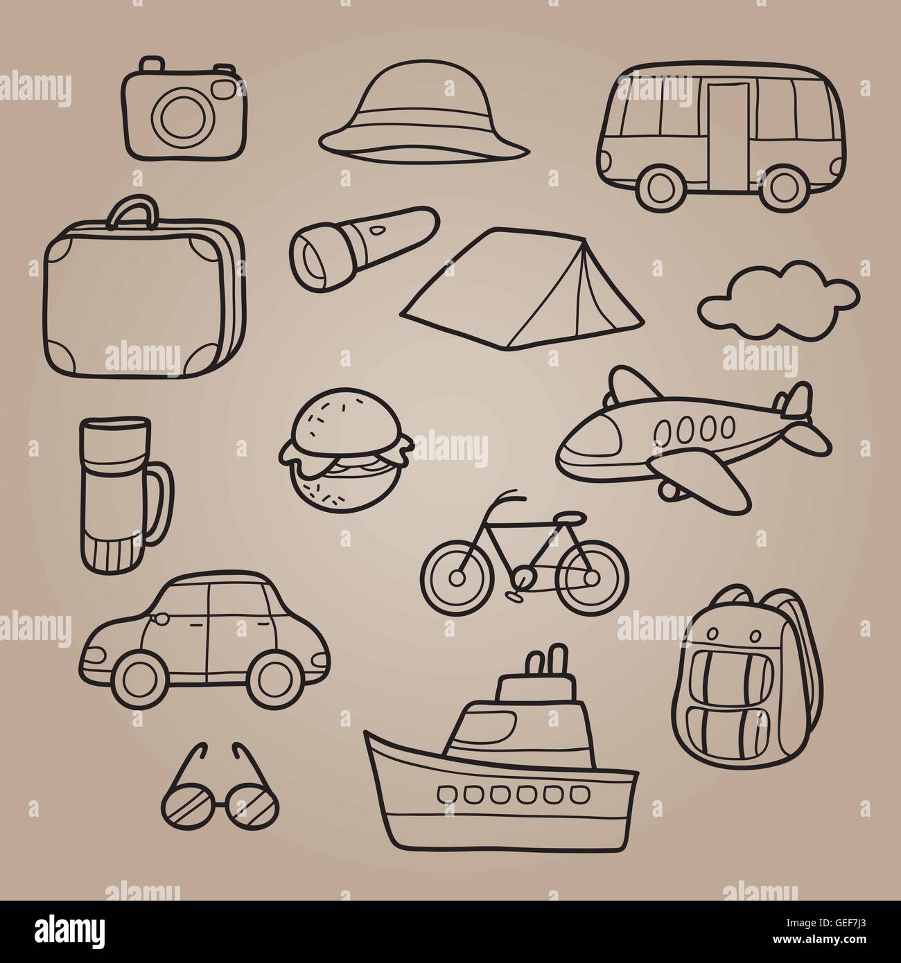 Travel outline icons set, journey trips, adventure, transportation ...