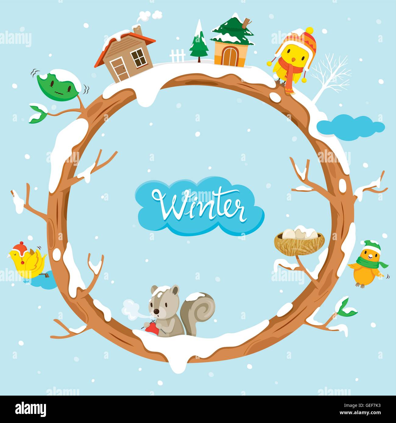 Circle Tree With Houses, Animal And Snow, Winter, Season, Frame, Nature ...