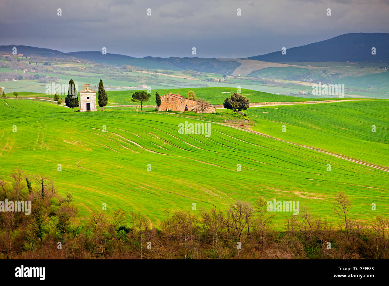 geography / travel, Italy, Tuscany, Church set into the Tuscan ...