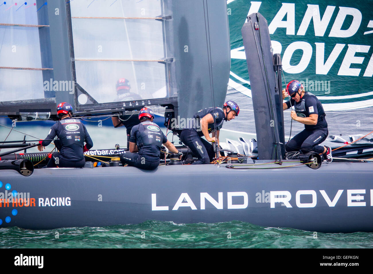 PORTSMOUTH, UK: July, 22, 2016 Land Rover Bar sailing team on Day 1 of ...