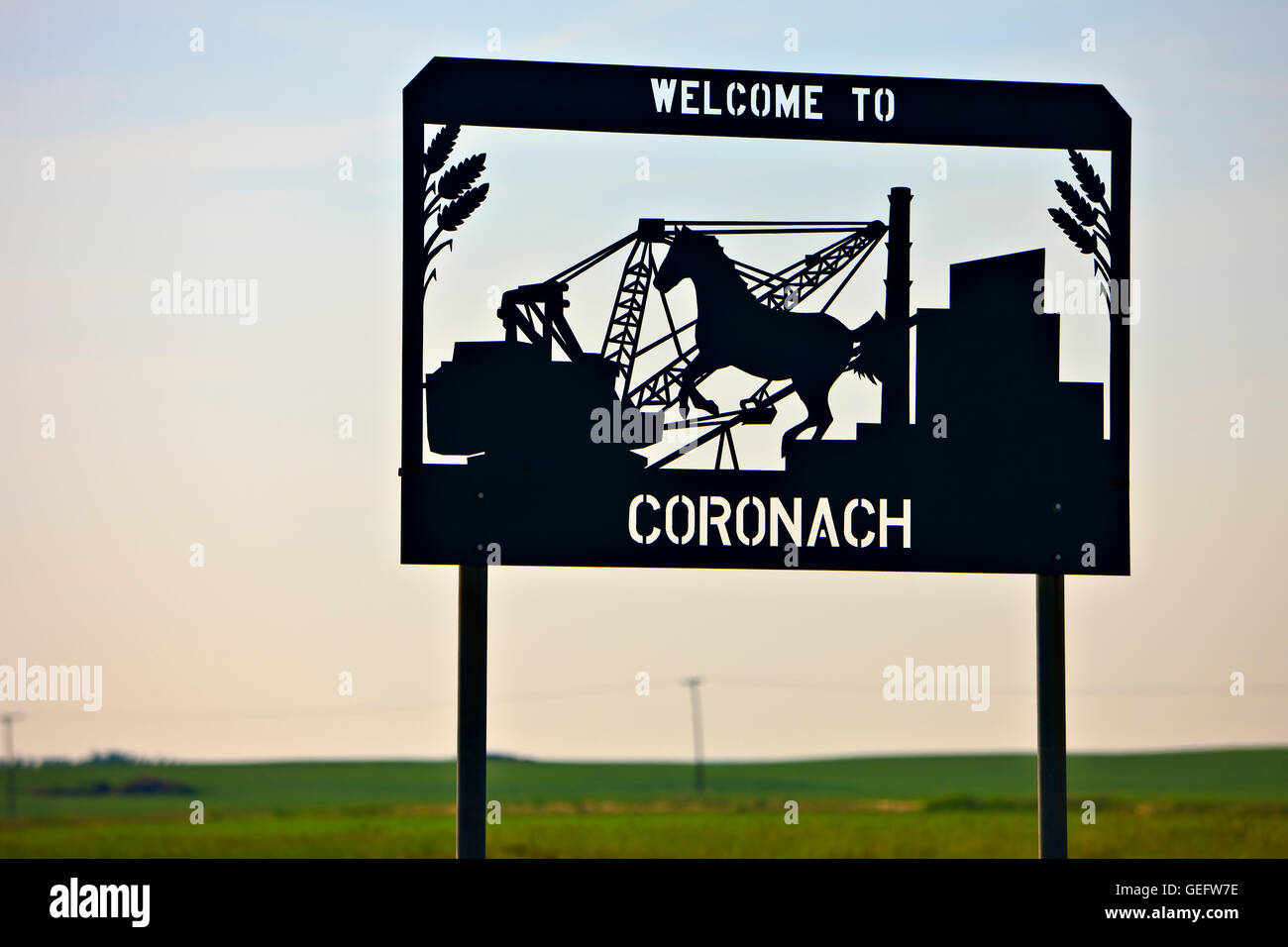geography,travel, Canada, Saskatchewan, Welcome sign in town Coronach ...