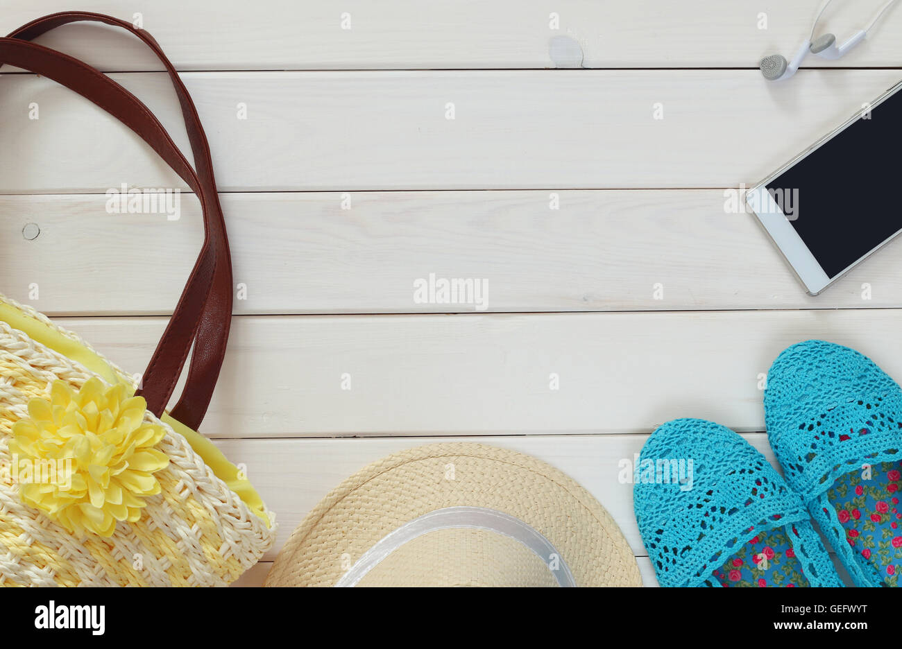 Top view of woman vacation accessories and life style objects on white ...