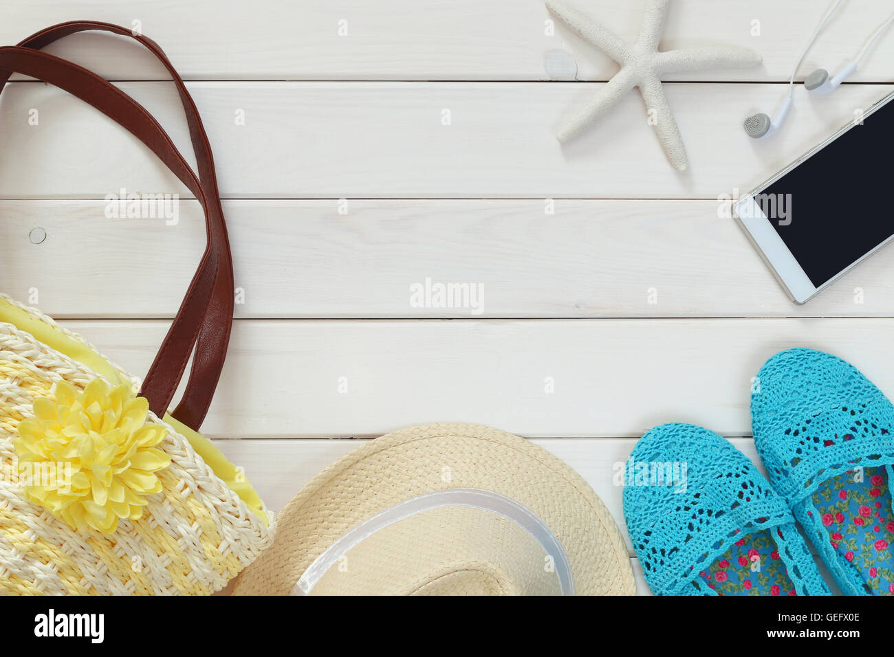 Top view of woman vacation accessories and life style objects on white ...