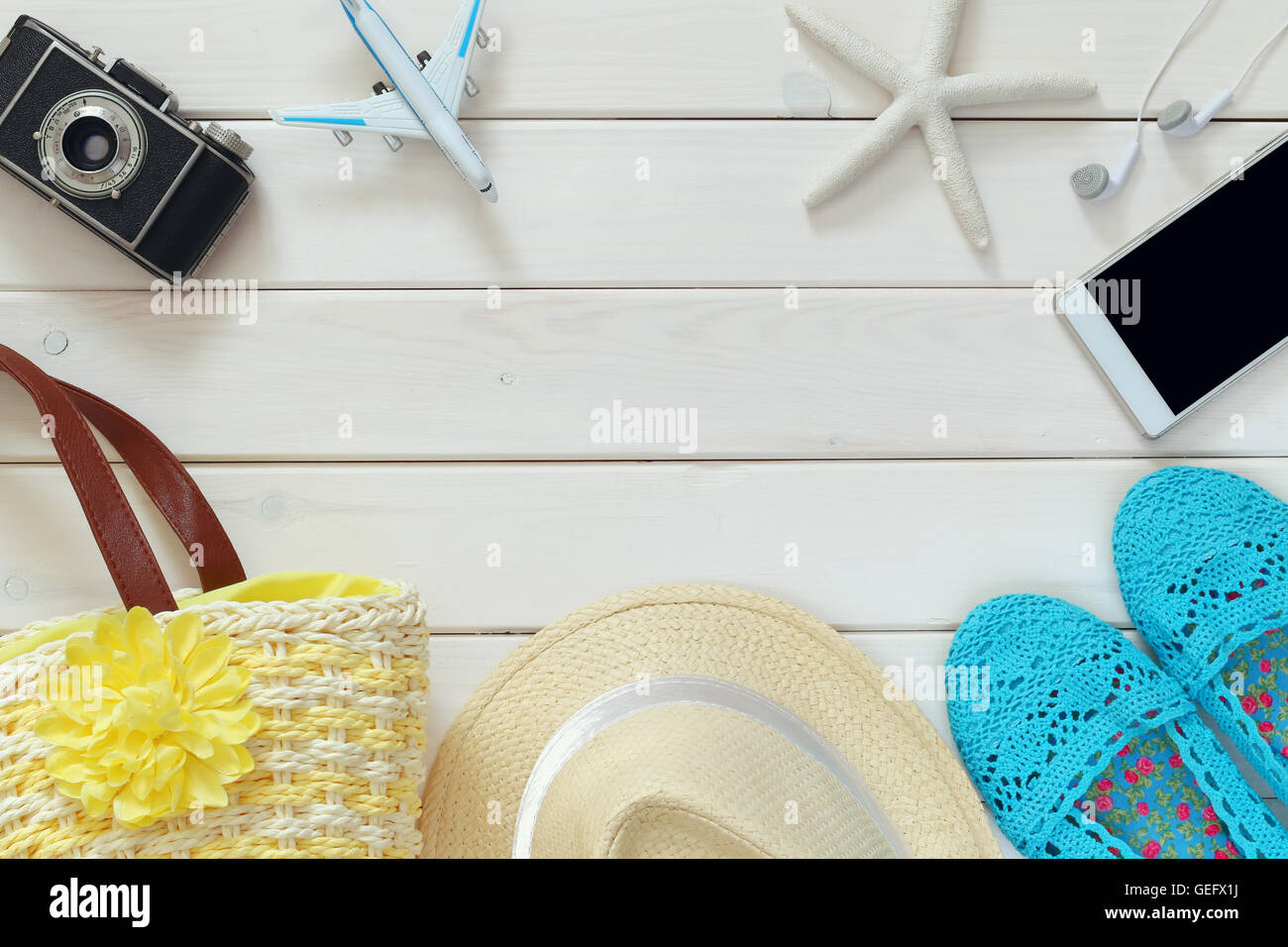 Top view of woman vacation accessories and life style objects on white ...