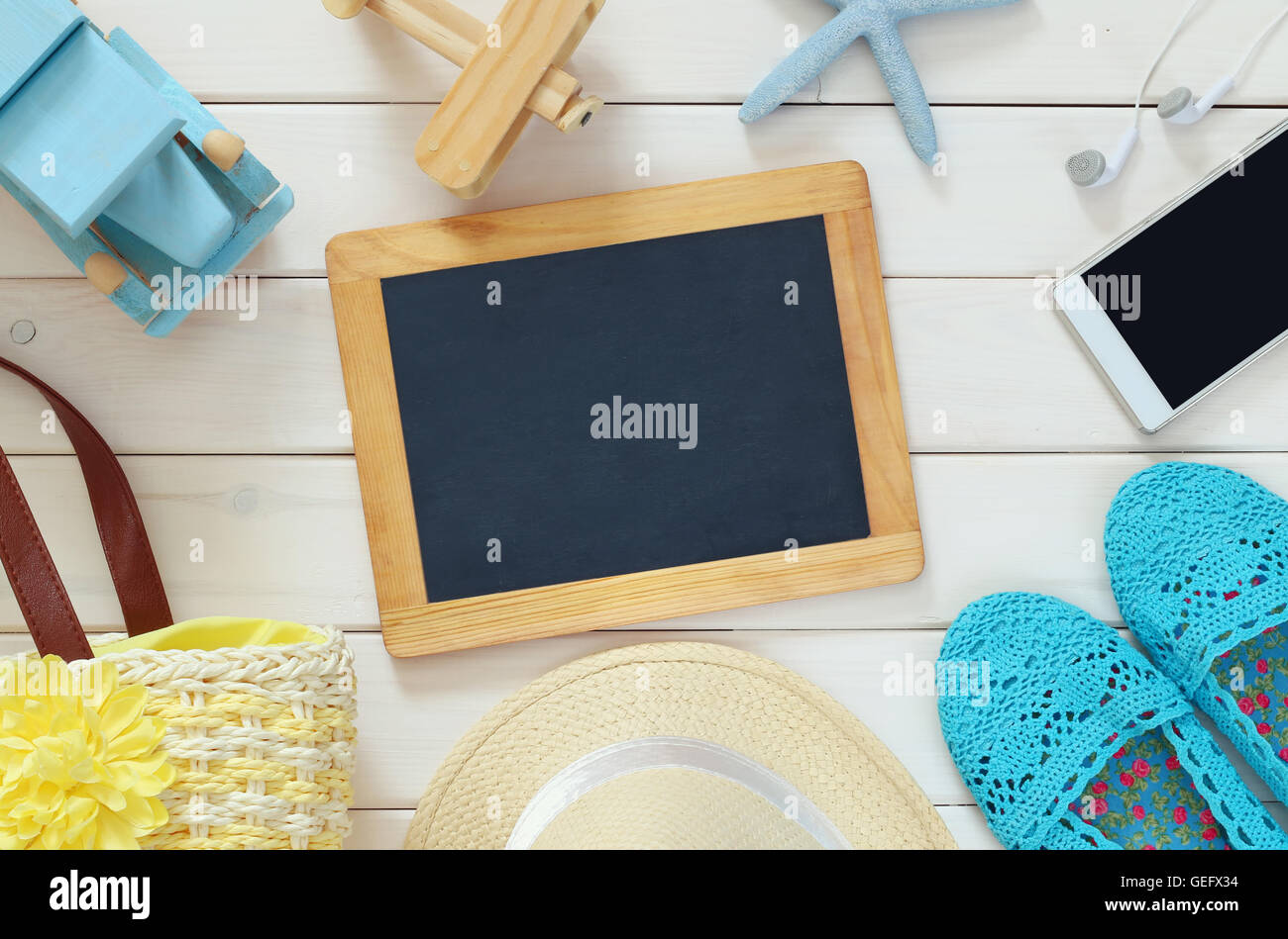 Top view of woman vacation accessories and life style objects on white ...