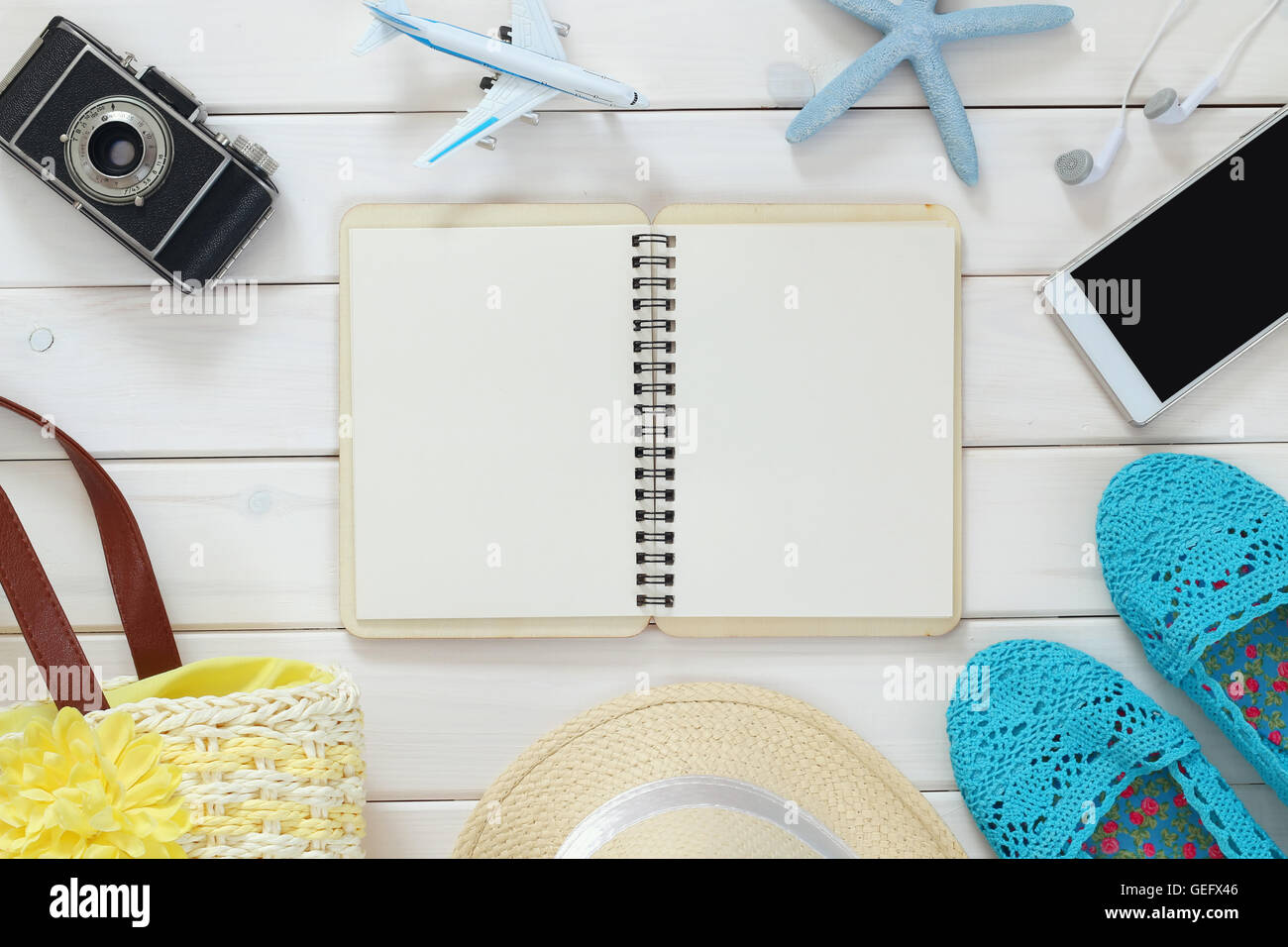 Top view of woman vacation accessories, life style objects and open ...